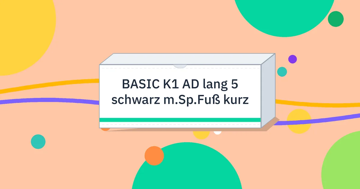 Symbolbild: Packung mit der Aufschrift BASIC K1 AD lang 5 schwarz m.Sp.Fuß kurz (PZN 20258611) – Verfügbarkeit und Bezug in Apotheken in Frankfurt am Main