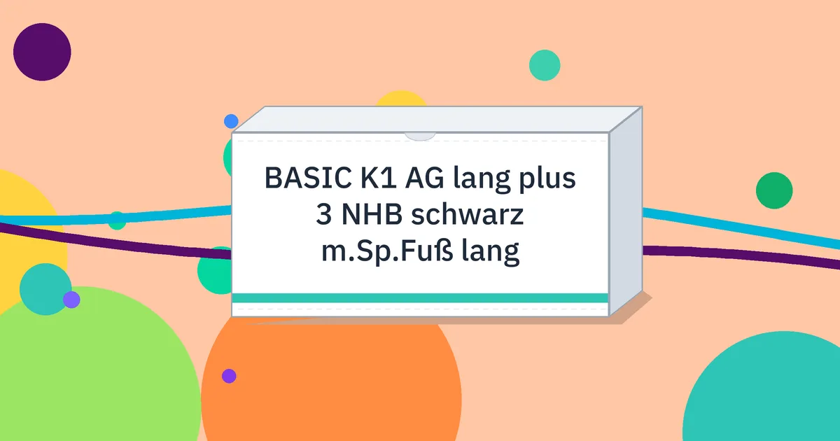Symbolbild: Packung mit der Aufschrift BASIC K1 AG lang plus 3 NHB schwarz m.Sp.Fuß lang (PZN 20260401) – Verfügbarkeit und Bezug in Apotheken in Frankfurt am Main