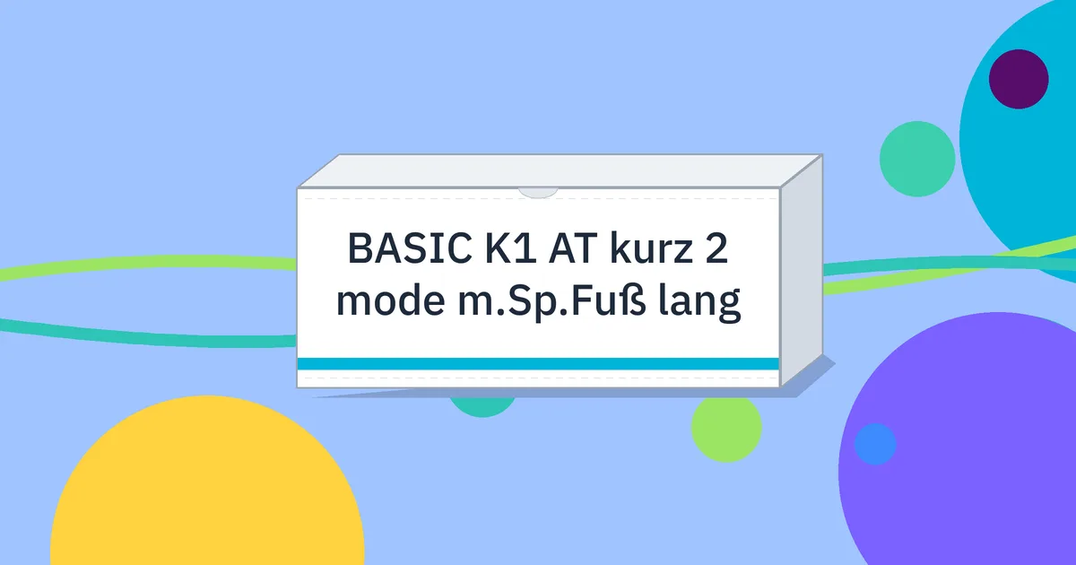 Symbolbild: Packung mit der Aufschrift BASIC K1 AT kurz 2 mode m.Sp.Fuß lang (PZN 20262498) – Verfügbarkeit und Bezug in Apotheken in Frankfurt am Main