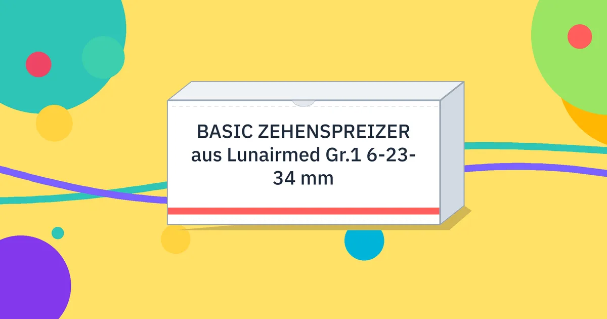 Symbolbild: Packung mit der Aufschrift BASIC ZEHENSPREIZER aus Lunairmed Gr.1 6-23-34 mm (PZN 15380563) – Verfügbarkeit und Bezug in Apotheken in Frankfurt am Main