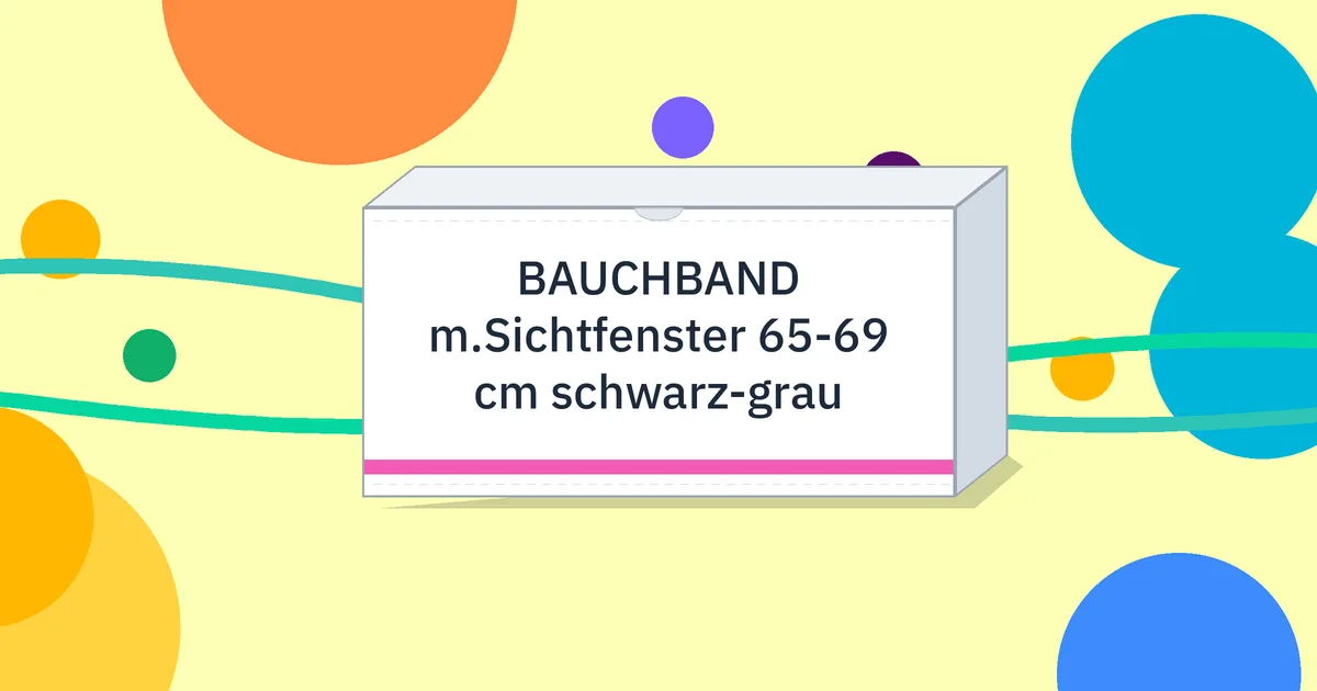 Symbolbild: Packung mit der Aufschrift BAUCHBAND m.Sichtfenster 65-69 cm schwarz-grau (PZN 17837854) – Verfügbarkeit und Bezug in Apotheken in Frankfurt am Main