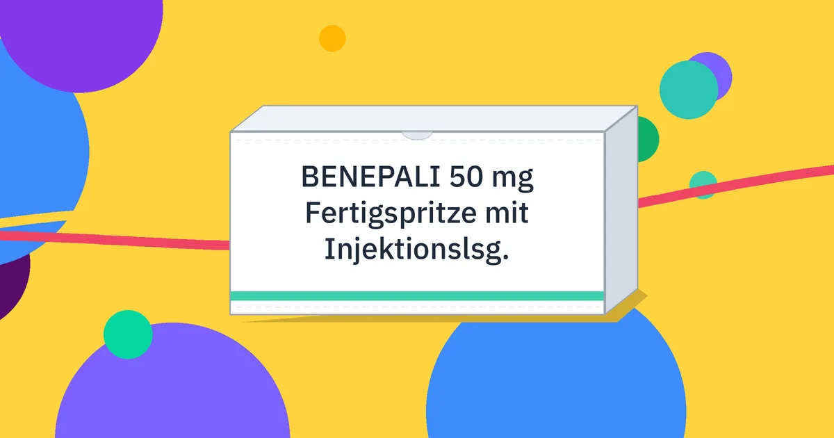 Symbolbild: Packung mit der Aufschrift BENEPALI 50 mg Fertigspritze mit Injektionslsg. (PZN 19819487) – Verfügbarkeit und Bezug in Apotheken in Frankfurt am Main
