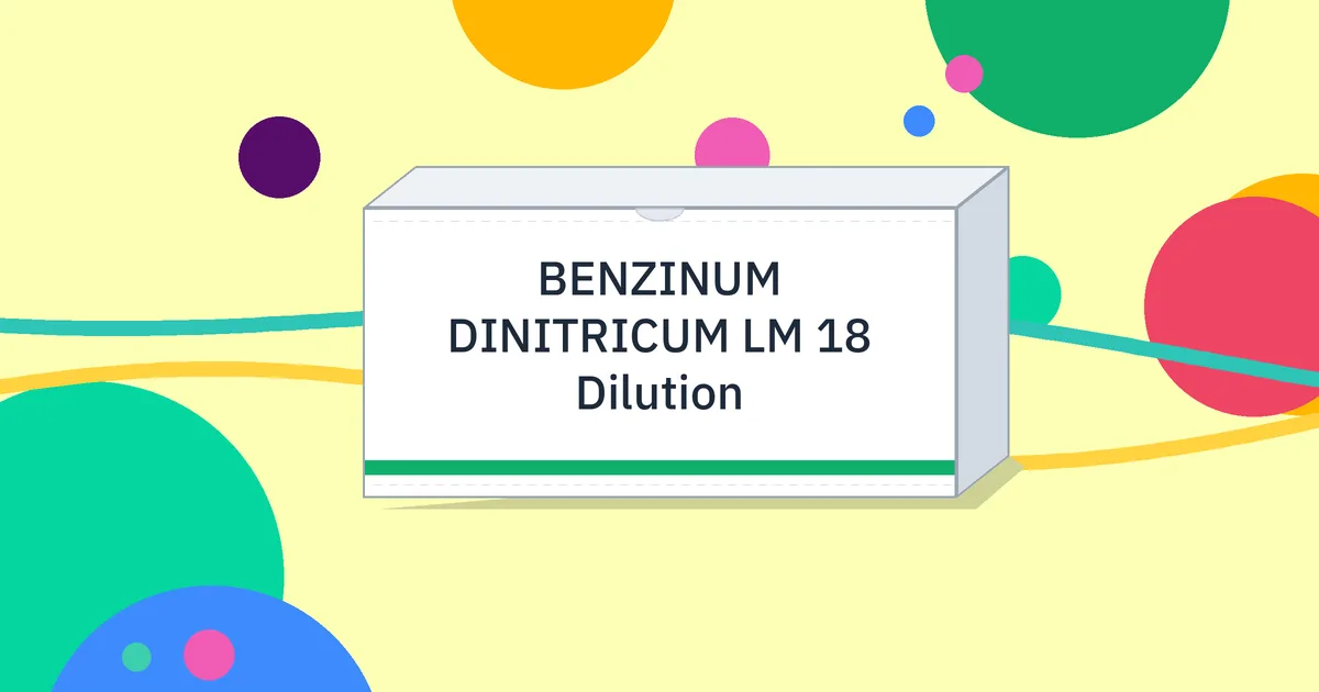 Symbolbild: Packung mit der Aufschrift BENZINUM DINITRICUM LM 18 Dilution (PZN 13382374) – Verfügbarkeit und Bezug in Apotheken in Frankfurt am Main