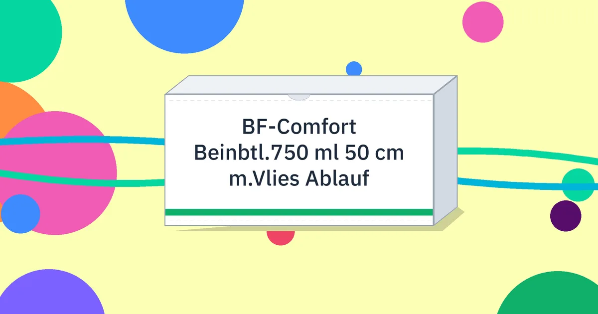 Symbolbild: Packung mit der Aufschrift BF-Comfort Beinbtl.750 ml 50 cm m.Vlies Ablauf (PZN 04108071) – Verfügbarkeit und Bezug in Apotheken in Frankfurt am Main