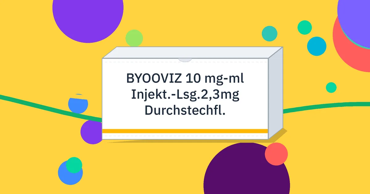 Symbolbild: Packung mit der Aufschrift BYOOVIZ 10 mg-ml Injekt.-Lsg.2,3mg Durchstechfl. (PZN 20389862) – Verfügbarkeit und Bezug in Apotheken in Frankfurt am Main