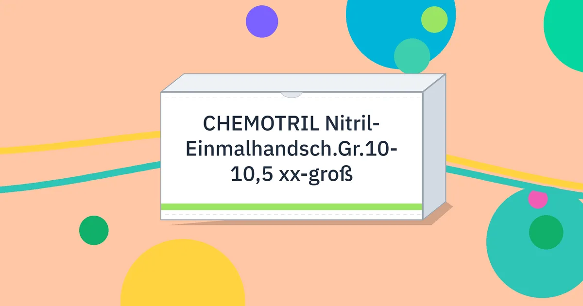 Symbolbild: Packung mit der Aufschrift CHEMOTRIL Nitril-Einmalhandsch.Gr.10-10,5 xx-groß (PZN 10535802) – Verfügbarkeit und Bezug in Apotheken in Frankfurt am Main