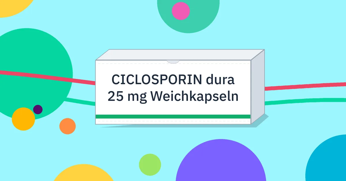 Symbolbild: Packung mit der Aufschrift CICLOSPORIN dura 25 mg Weichkapseln (PZN 06064490) – Verfügbarkeit und Bezug in Apotheken in Frankfurt am Main