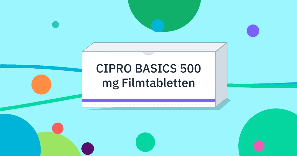 Symbolbild: Packung mit der Aufschrift CIPRO BASICS 500 mg Filmtabletten (PZN 02709145) – Verfügbarkeit und Bezug in Apotheken in Frankfurt am Main