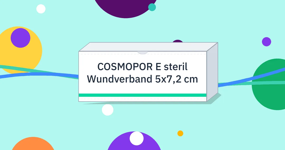Symbolbild: Packung mit der Aufschrift COSMOPOR E steril Wundverband 5x7,2 cm (PZN 17414094) – Verfügbarkeit und Bezug in Apotheken in Frankfurt am Main