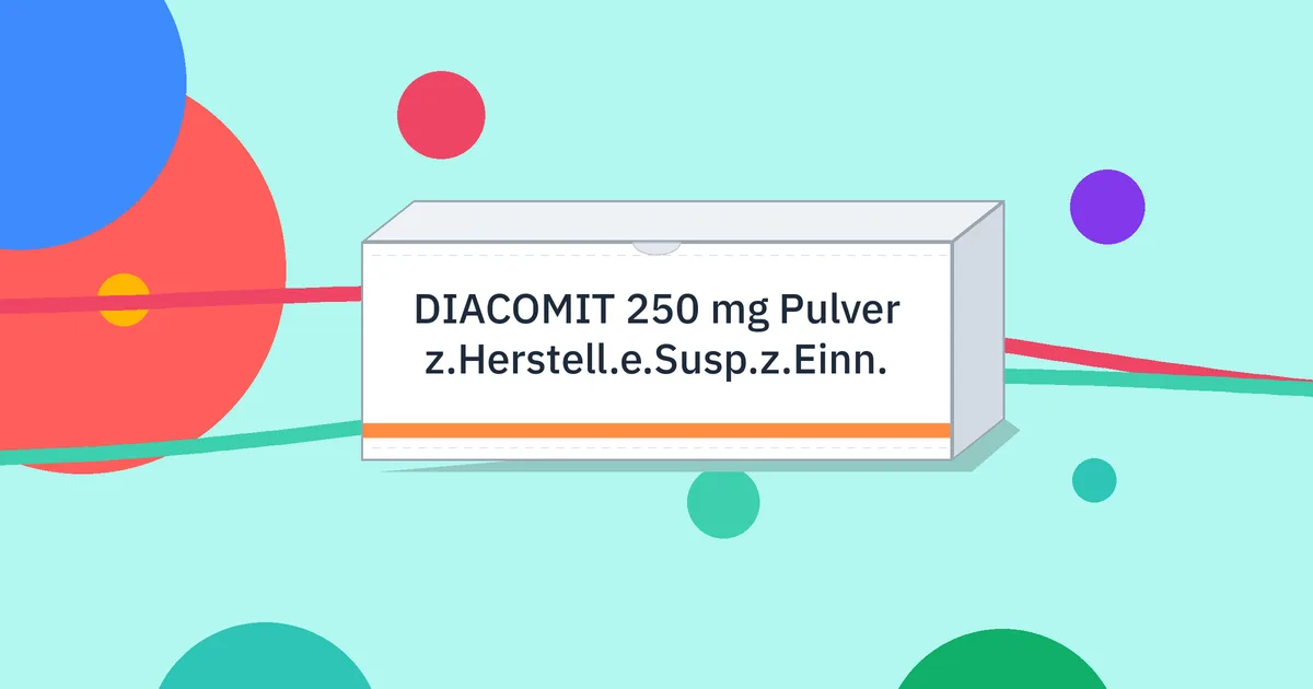 Symbolbild: Packung mit der Aufschrift DIACOMIT 250 mg Pulver z.Herstell.e.Susp.z.Einn. (PZN 19810397) – Verfügbarkeit und Bezug in Apotheken in Frankfurt am Main