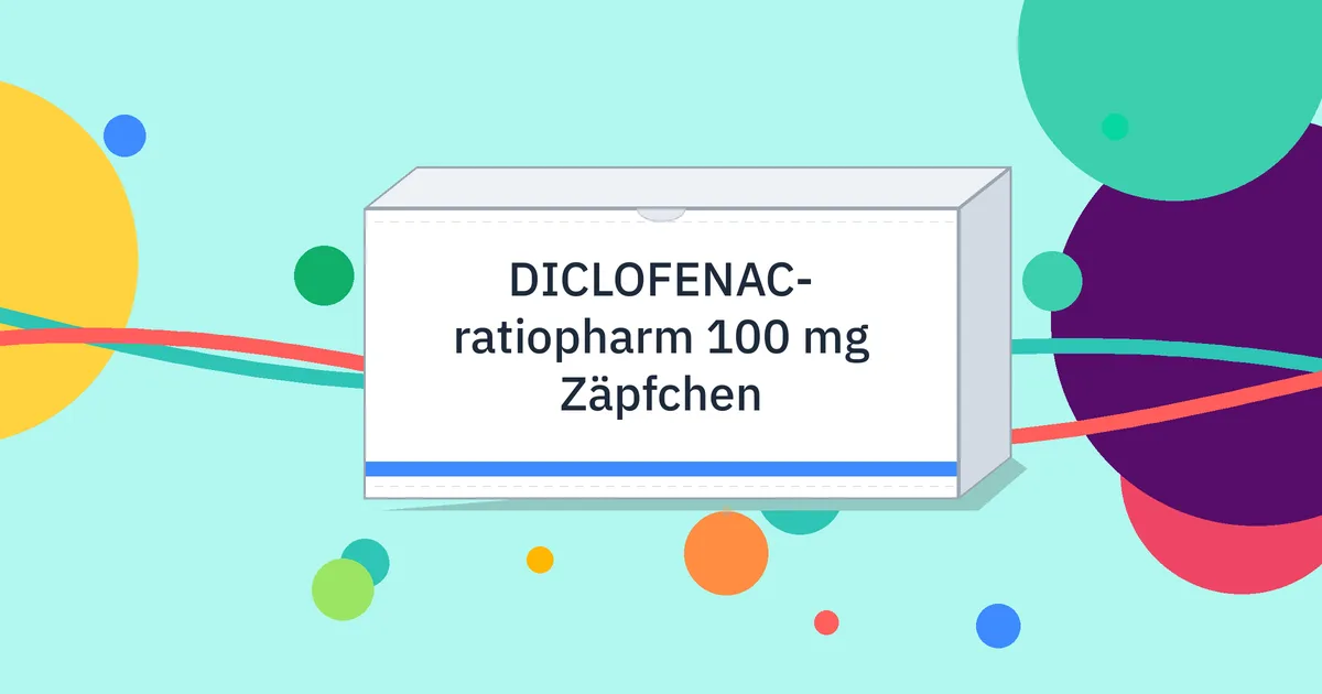 Symbolbild: Packung mit der Aufschrift DICLOFENAC-ratiopharm 100 mg Zäpfchen (PZN 06605951) – Verfügbarkeit und Bezug in Apotheken in Frankfurt am Main