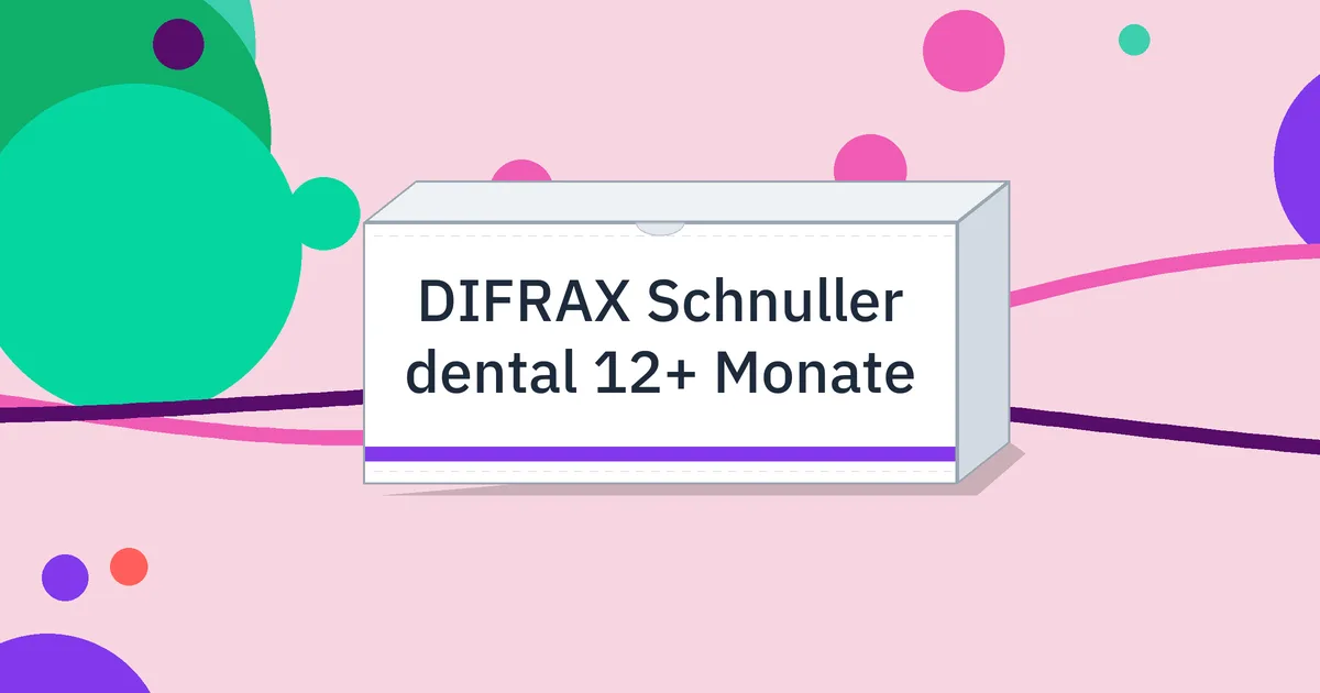 Symbolbild: Packung mit der Aufschrift DIFRAX Schnuller dental 12+ Monate (PZN 09290933) – Verfügbarkeit und Bezug in Apotheken in Frankfurt am Main