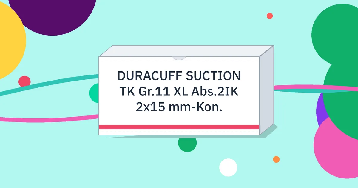 Symbolbild: Packung mit der Aufschrift DURACUFF SUCTION TK Gr.11 XL Abs.2IK 2x15 mm-Kon. (PZN 04964479) – Verfügbarkeit und Bezug in Apotheken in Frankfurt am Main