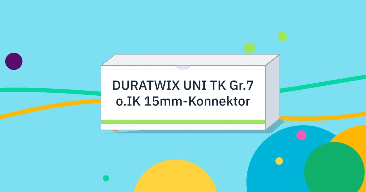 Symbolbild: Packung mit der Aufschrift DURATWIX UNI TK Gr.7 o.IK 15mm-Konnektor (PZN 06968033) – Verfügbarkeit und Bezug in Apotheken in Frankfurt am Main
