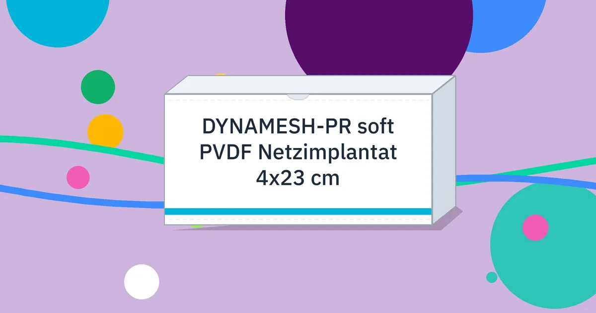 Symbolbild: Packung mit der Aufschrift DYNAMESH-PR soft PVDF Netzimplantat 4x23 cm (PZN 19390311) – Verfügbarkeit und Bezug in Apotheken in Frankfurt am Main