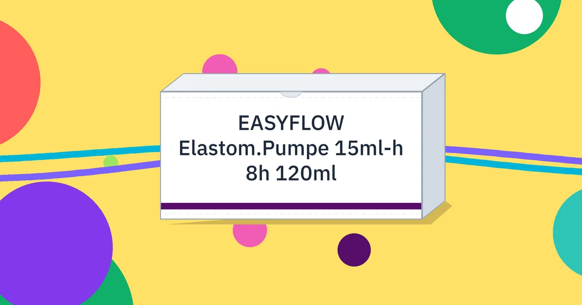 Symbolbild: Packung mit der Aufschrift EASYFLOW Elastom.Pumpe 15ml-h 8h 120ml (PZN 19789303) – Verfügbarkeit und Bezug in Apotheken in Frankfurt am Main