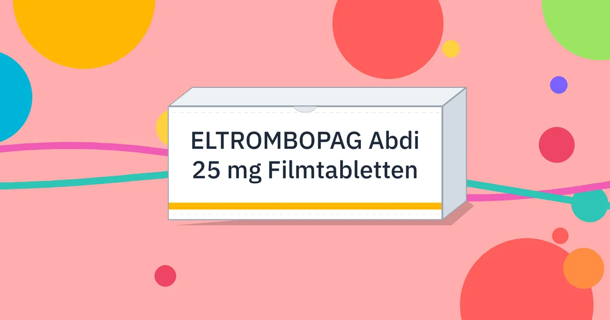 Symbolbild: Packung mit der Aufschrift ELTROMBOPAG Abdi 25 mg Filmtabletten (PZN 19916598) – Verfügbarkeit und Bezug in Apotheken in Frankfurt am Main
