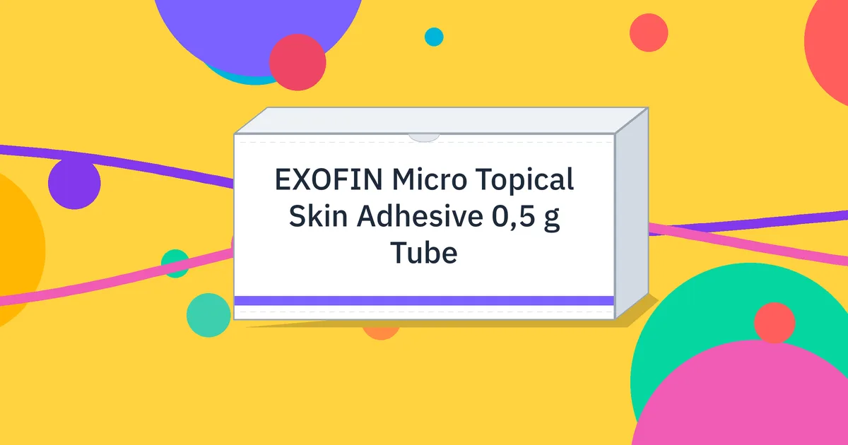 Symbolbild: Packung mit der Aufschrift EXOFIN Micro Topical Skin Adhesive 0,5 g Tube (PZN 19277879) – Verfügbarkeit und Bezug in Apotheken in Frankfurt am Main