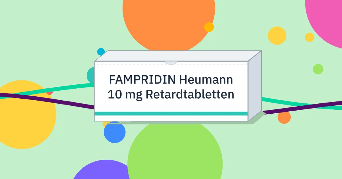 Symbolbild: Packung mit der Aufschrift FAMPRIDIN Heumann 10 mg Retardtabletten (PZN 19400943) – Verfügbarkeit und Bezug in Apotheken in Frankfurt am Main