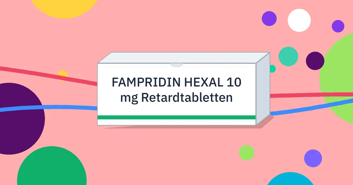 Symbolbild: Packung mit der Aufschrift FAMPRIDIN HEXAL 10 mg Retardtabletten (PZN 18180586) – Verfügbarkeit und Bezug in Apotheken in Frankfurt am Main