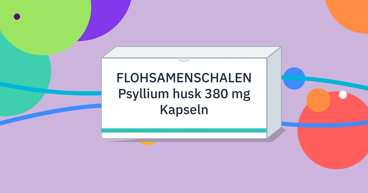 Symbolbild: Packung mit der Aufschrift FLOHSAMENSCHALEN Psyllium husk 380 mg Kapseln (PZN 19555019) – Verfügbarkeit und Bezug in Apotheken in Frankfurt am Main