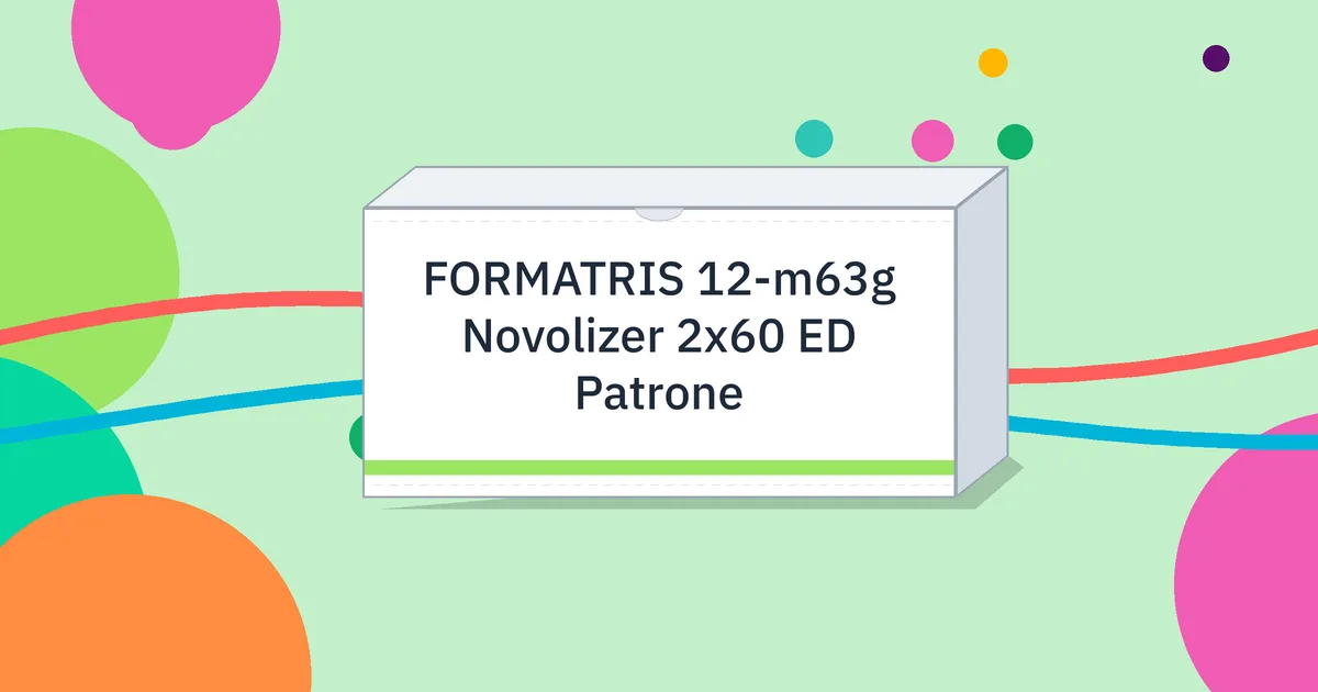 Symbolbild: Packung mit der Aufschrift FORMATRIS 12-m63g Novolizer 2x60 ED Patrone (PZN 09617699) – Verfügbarkeit und Bezug in Apotheken in Frankfurt am Main