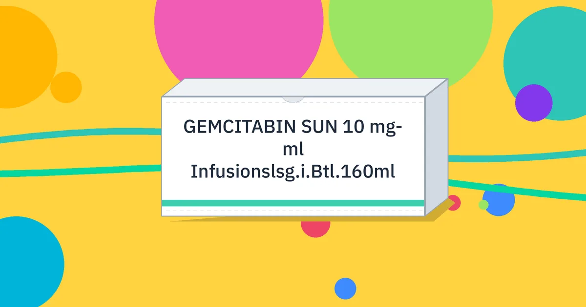 Symbolbild: Packung mit der Aufschrift GEMCITABIN SUN 10 mg-ml Infusionslsg.i.Btl.160ml (PZN 11305783) – Verfügbarkeit und Bezug in Apotheken in Frankfurt am Main