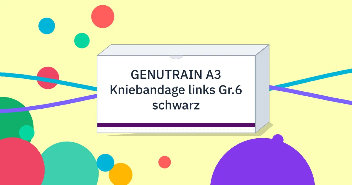 Symbolbild: Packung mit der Aufschrift GENUTRAIN A3 Kniebandage links Gr.6 schwarz (PZN 19100141) – Verfügbarkeit und Bezug in Apotheken in Frankfurt am Main