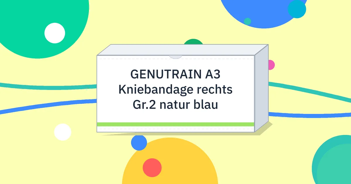 Symbolbild: Packung mit der Aufschrift GENUTRAIN A3 Kniebandage rechts Gr.2 natur blau (PZN 01071605) – Verfügbarkeit und Bezug in Apotheken in Frankfurt am Main