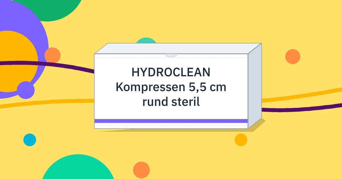 Symbolbild: Packung mit der Aufschrift HYDROCLEAN Kompressen 5,5 cm rund steril (PZN 17880844) – Verfügbarkeit und Bezug in Apotheken in Frankfurt am Main