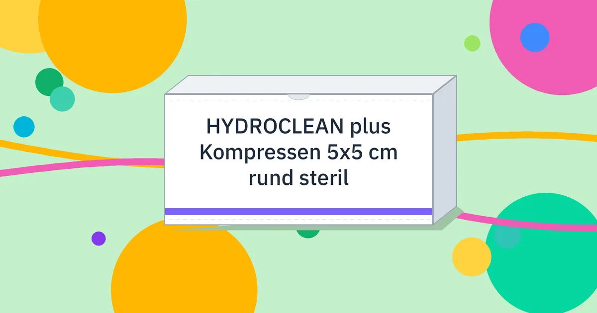 Symbolbild: Packung mit der Aufschrift HYDROCLEAN plus Kompressen 5x5 cm rund steril (PZN 12339608) – Verfügbarkeit und Bezug in Apotheken in Frankfurt am Main