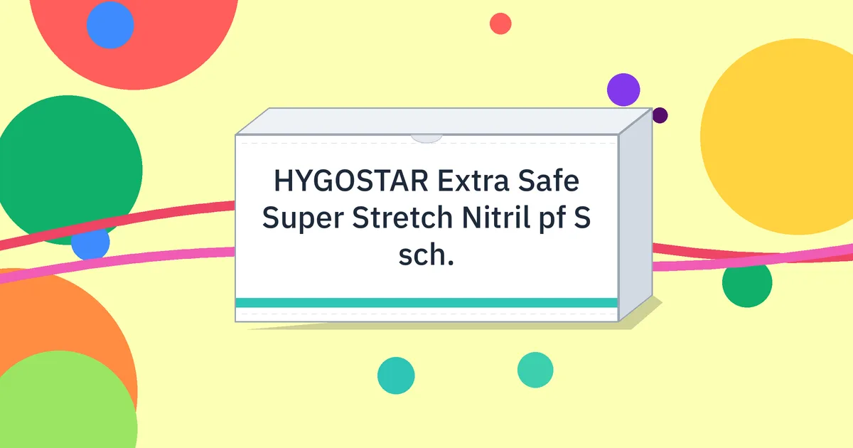 Symbolbild: Packung mit der Aufschrift HYGOSTAR Extra Safe Super Stretch Nitril pf S sch. (PZN 20772986) – Verfügbarkeit und Bezug in Apotheken in Frankfurt am Main