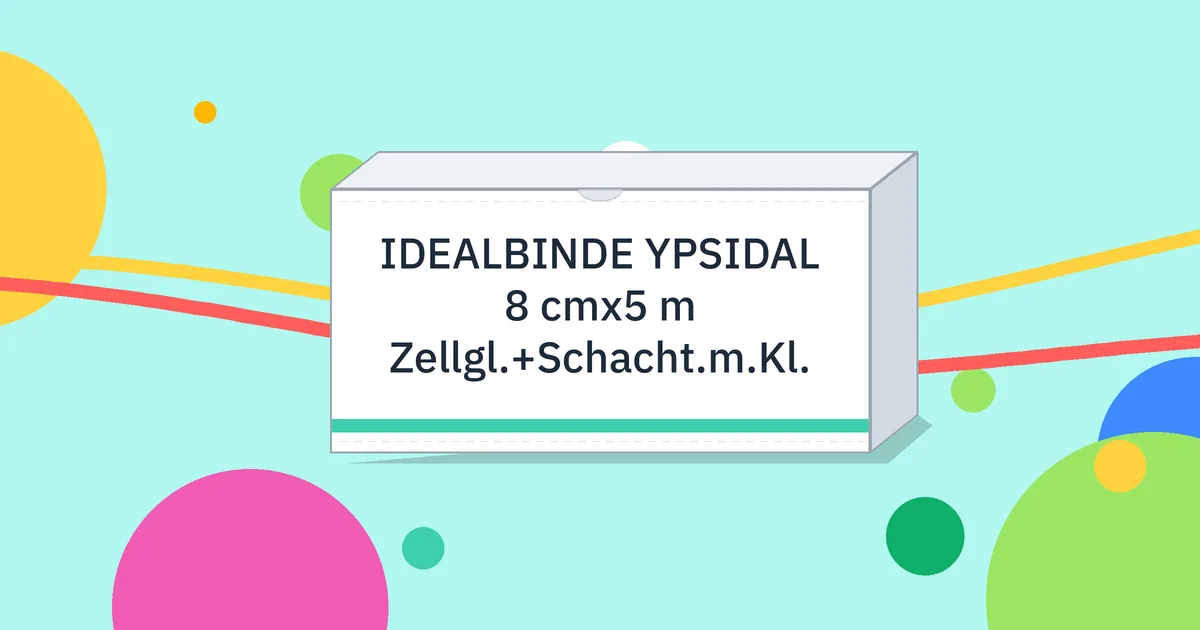 Symbolbild: Packung mit der Aufschrift IDEALBINDE YPSIDAL 8 cmx5 m Zellgl.+Schacht.m.Kl. (PZN 03307710) – Verfügbarkeit und Bezug in Apotheken in Frankfurt am Main