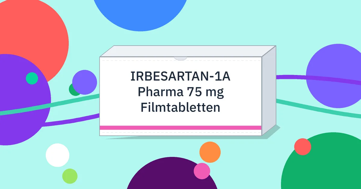 Symbolbild: Packung mit der Aufschrift IRBESARTAN-1A Pharma 75 mg Filmtabletten (PZN 09607152) – Verfügbarkeit und Bezug in Apotheken in Frankfurt am Main