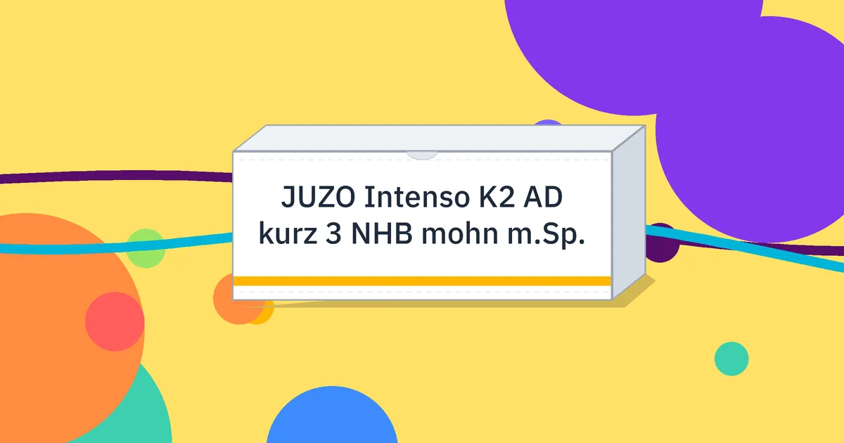Symbolbild: Packung mit der Aufschrift JUZO Intenso K2 AD kurz 3 NHB mohn m.Sp. (PZN 18611187) – Verfügbarkeit und Bezug in Apotheken in Frankfurt am Main