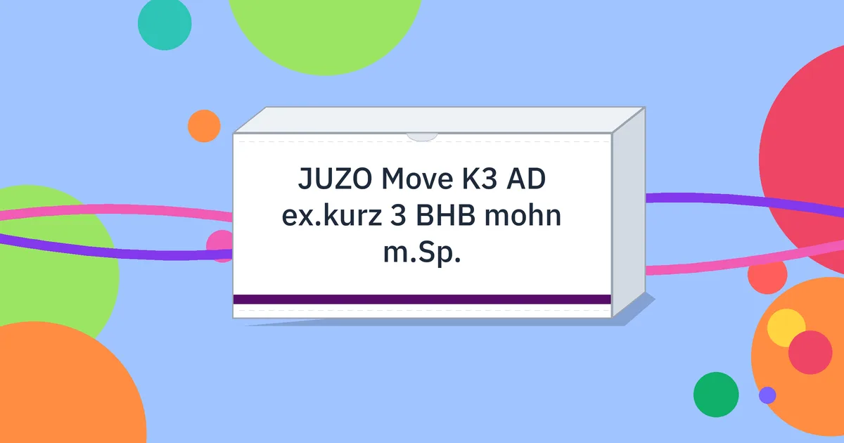 Symbolbild: Packung mit der Aufschrift JUZO Move K3 AD ex.kurz 3 BHB mohn m.Sp. (PZN 18573647) – Verfügbarkeit und Bezug in Apotheken in Frankfurt am Main