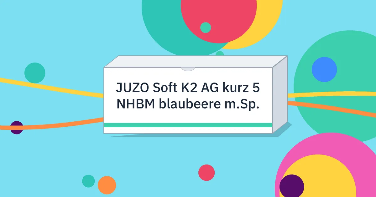 Symbolbild: Packung mit der Aufschrift JUZO Soft K2 AG kurz 5 NHBM blaubeere m.Sp. (PZN 15020698) – Verfügbarkeit und Bezug in Apotheken in Frankfurt am Main