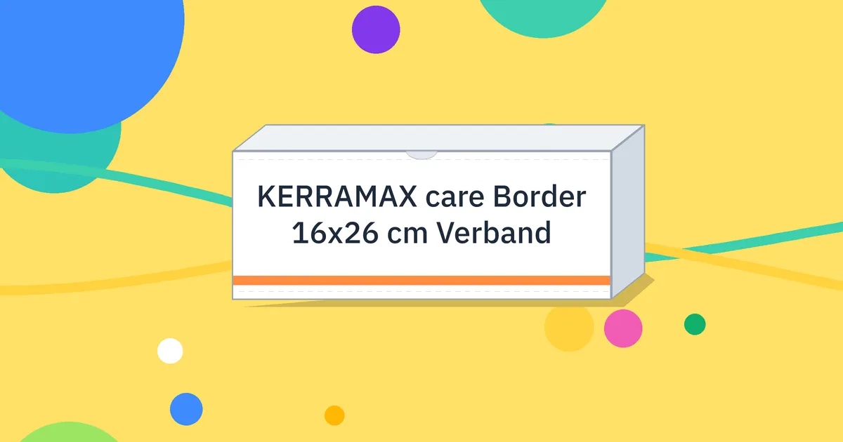 Symbolbild: Packung mit der Aufschrift KERRAMAX care Border 16x26 cm Verband (PZN 20327878) – Verfügbarkeit und Bezug in Apotheken in Frankfurt am Main