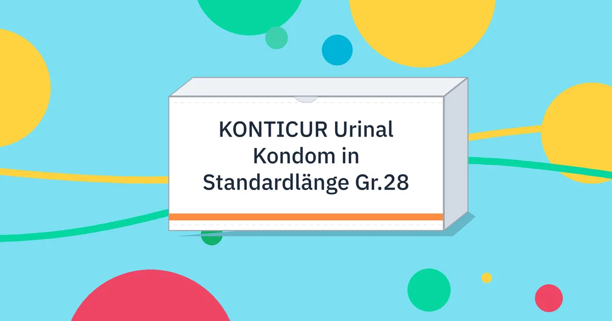 Symbolbild: Packung mit der Aufschrift KONTICUR Urinal Kondom in Standardlänge Gr.28 (PZN 12659336) – Verfügbarkeit und Bezug in Apotheken in Frankfurt am Main