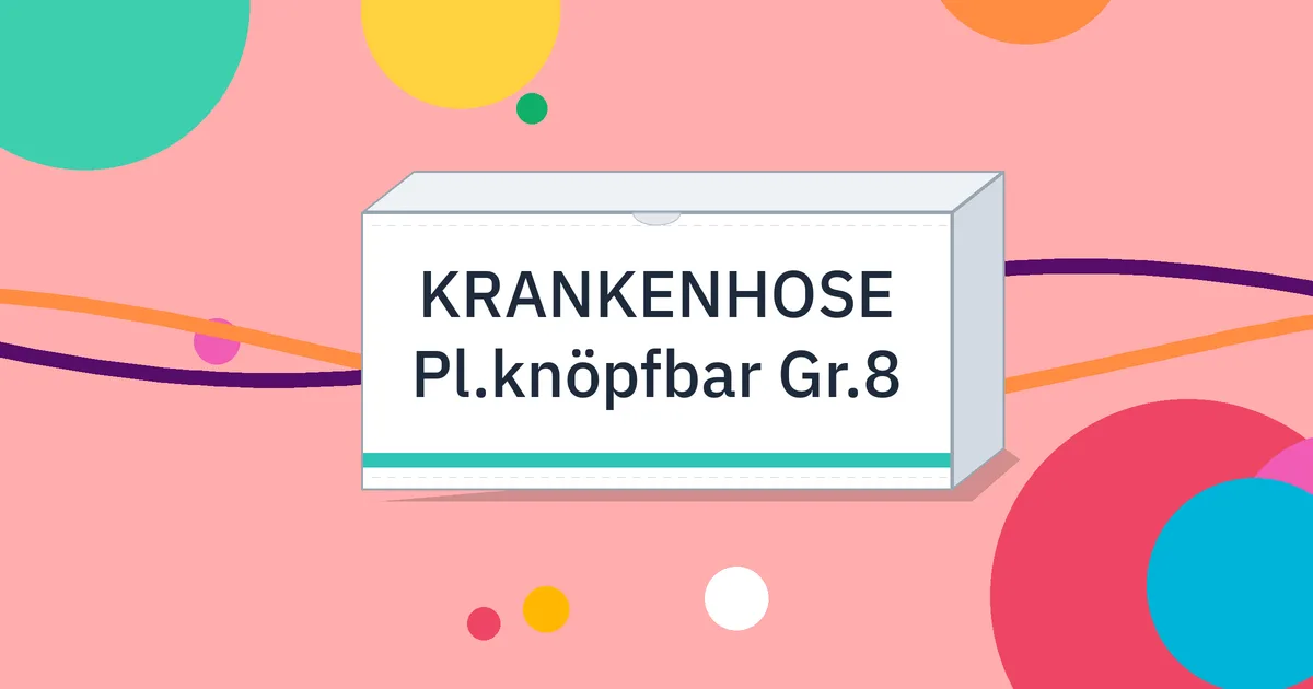 Symbolbild: Packung mit der Aufschrift KRANKENHOSE Pl.knöpfbar Gr.8 (PZN 01979486) – Verfügbarkeit und Bezug in Apotheken in Frankfurt am Main