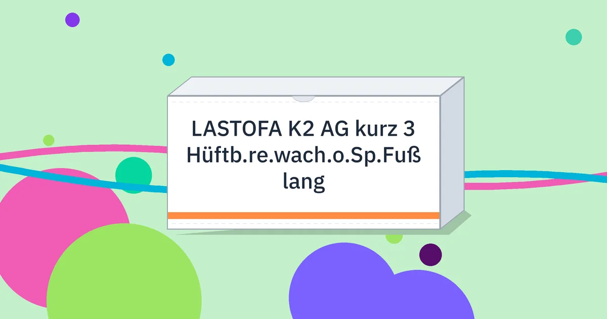 Symbolbild: Packung mit der Aufschrift LASTOFA K2 AG kurz 3 Hüftb.re.wach.o.Sp.Fuß lang (PZN 14152340) – Verfügbarkeit und Bezug in Apotheken in Frankfurt am Main