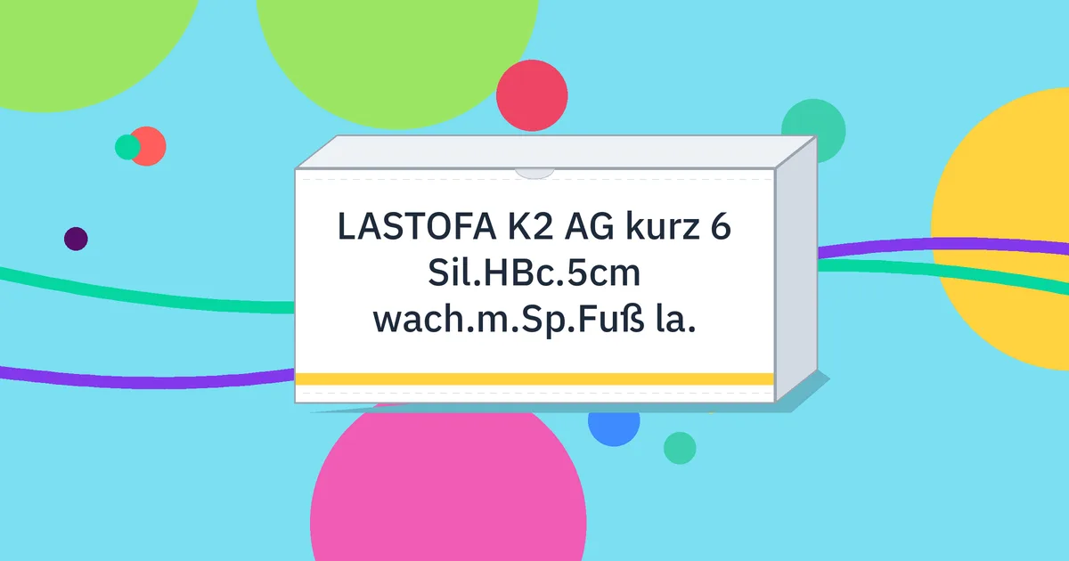 Symbolbild: Packung mit der Aufschrift LASTOFA K2 AG kurz 6 Sil.HBc.5cm wach.m.Sp.Fuß la. (PZN 13807678) – Verfügbarkeit und Bezug in Apotheken in Frankfurt am Main