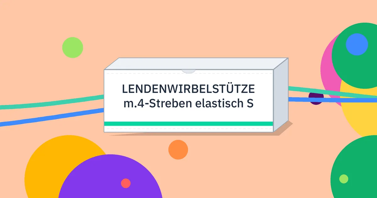 Symbolbild: Packung mit der Aufschrift LENDENWIRBELSTÜTZE m.4-Streben elastisch S (PZN 19071014) – Verfügbarkeit und Bezug in Apotheken in Frankfurt am Main