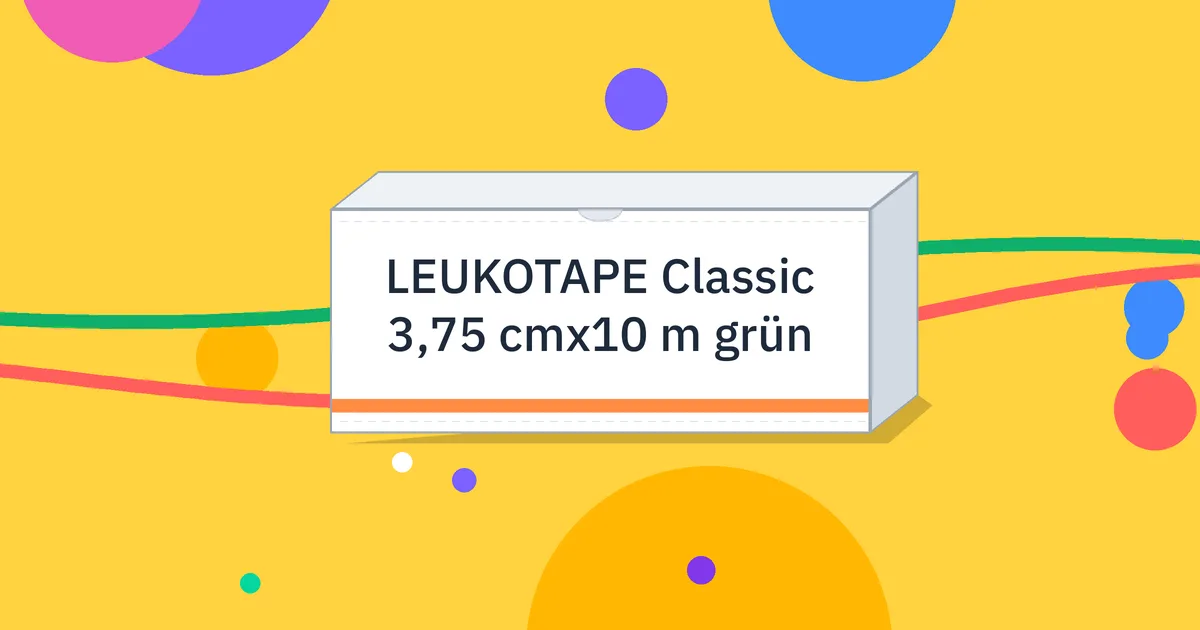 Symbolbild: Packung mit der Aufschrift LEUKOTAPE Classic 3,75 cmx10 m grün (PZN 05384063) – Verfügbarkeit und Bezug in Apotheken in Frankfurt am Main
