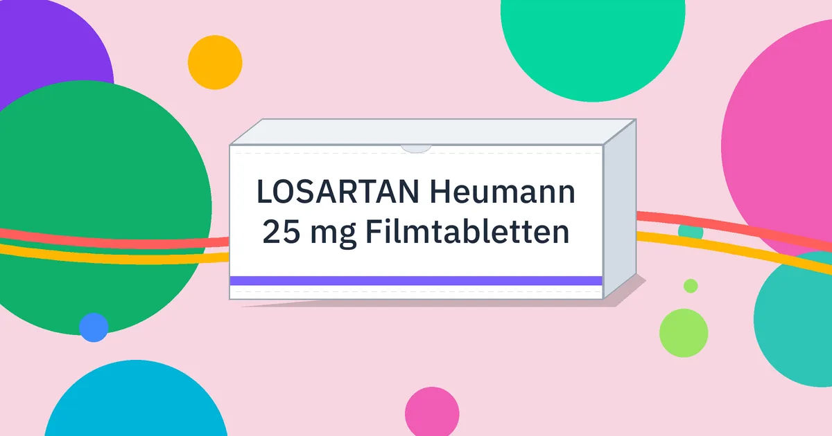Symbolbild: Packung mit der Aufschrift LOSARTAN Heumann 25 mg Filmtabletten (PZN 12658259) – Verfügbarkeit und Bezug in Apotheken in Frankfurt am Main