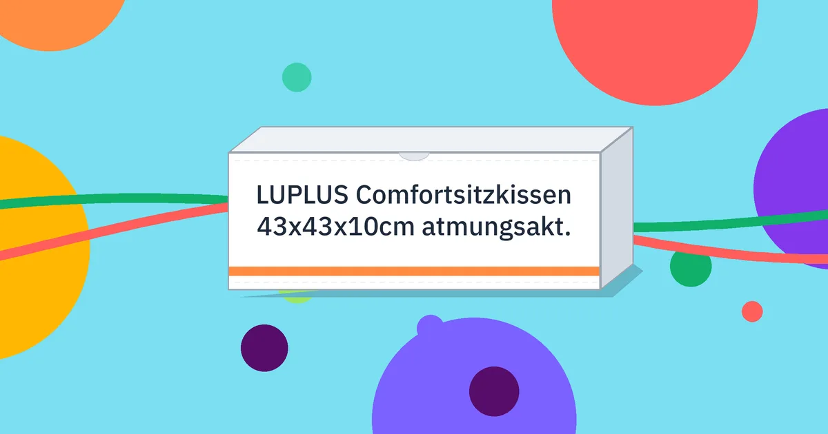 Symbolbild: Packung mit der Aufschrift LUPLUS Comfortsitzkissen 43x43x10cm atmungsakt. (PZN 05704421) – Verfügbarkeit und Bezug in Apotheken in Frankfurt am Main