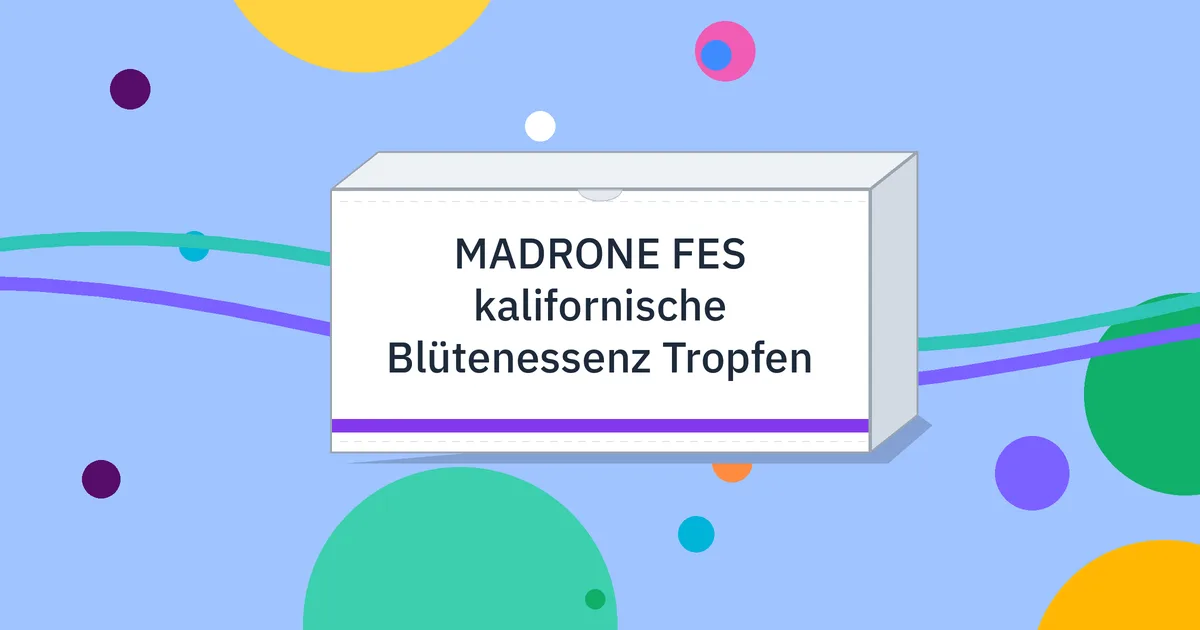 Symbolbild: Packung mit der Aufschrift MADRONE FES kalifornische Blütenessenz Tropfen (PZN 18809989) – Verfügbarkeit und Bezug in Apotheken in Frankfurt am Main