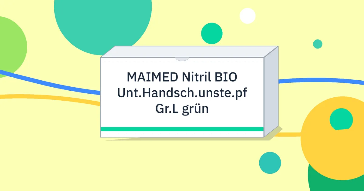 Symbolbild: Packung mit der Aufschrift MAIMED Nitril BIO Unt.Handsch.unste.pf Gr.L grün (PZN 18446021) – Verfügbarkeit und Bezug in Apotheken in Frankfurt am Main