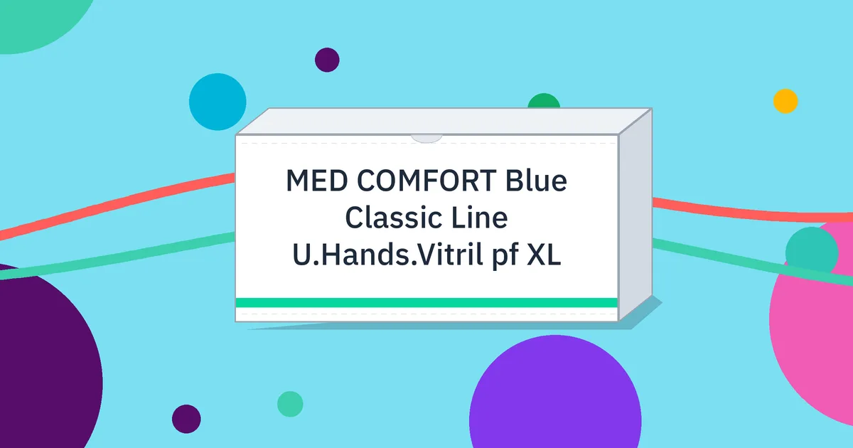 Symbolbild: Packung mit der Aufschrift MED COMFORT Blue Classic Line U.Hands.Vitril pf XL (PZN 16880210) – Verfügbarkeit und Bezug in Apotheken in Frankfurt am Main