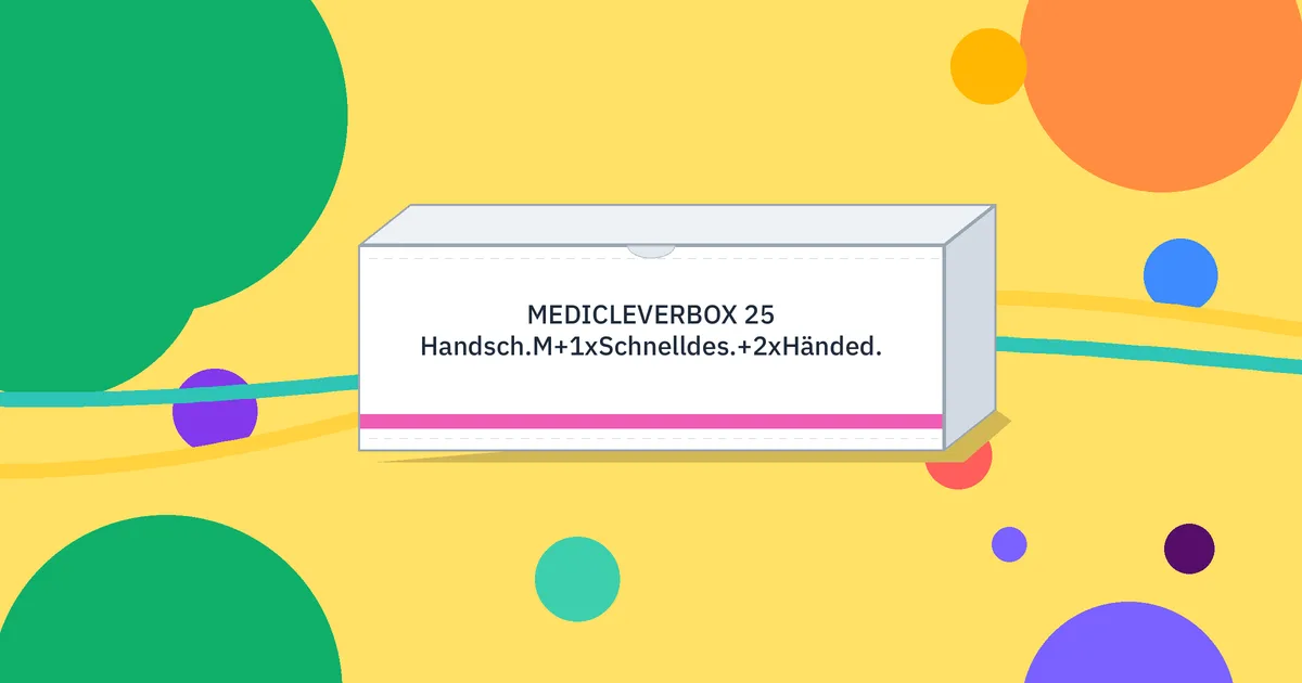 Symbolbild: Packung mit der Aufschrift MEDICLEVERBOX 25 Handsch.M+1xSchnelldes.+2xHänded. (PZN 19112598) – Verfügbarkeit und Bezug in Apotheken in Frankfurt am Main